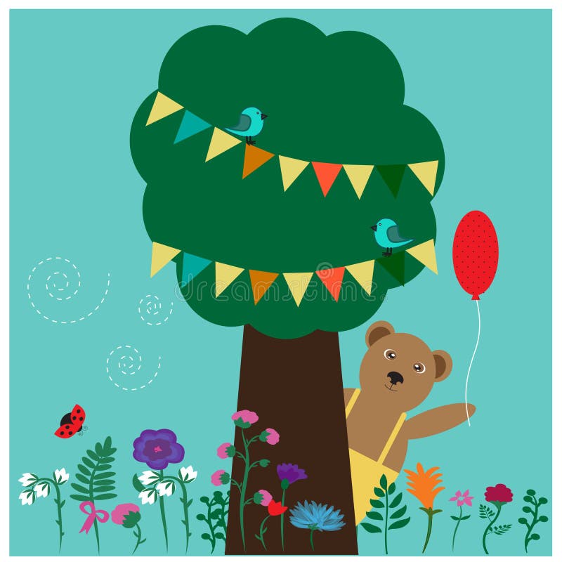 Cute Little Bear Behind a Tree Stock Vector - Illustration of flower ...