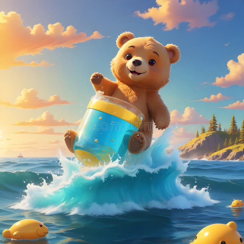 Cute Little Bear Playing on the Water Stock Illustration - Illustration ...