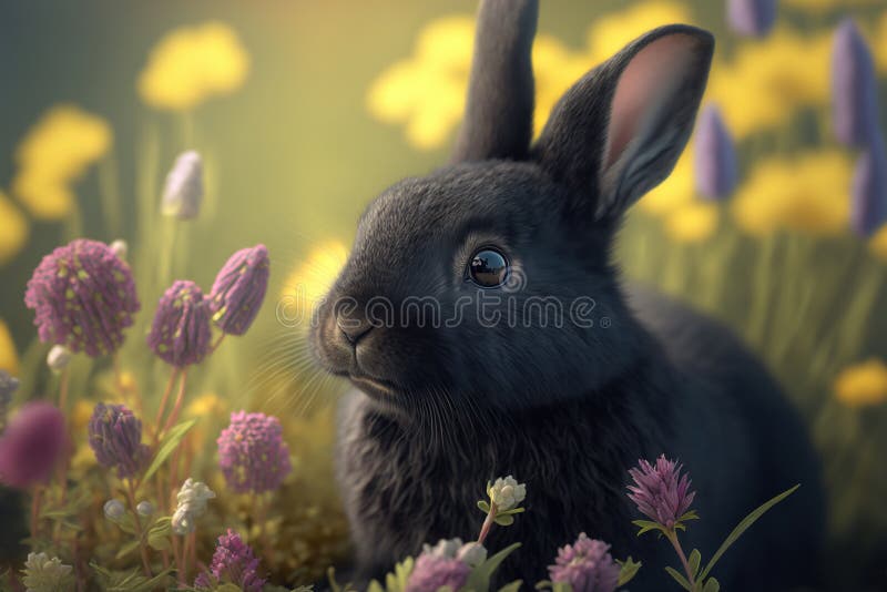 Cute Little Black Bunny in a Field of Flowers. Generative AI Stock ...
