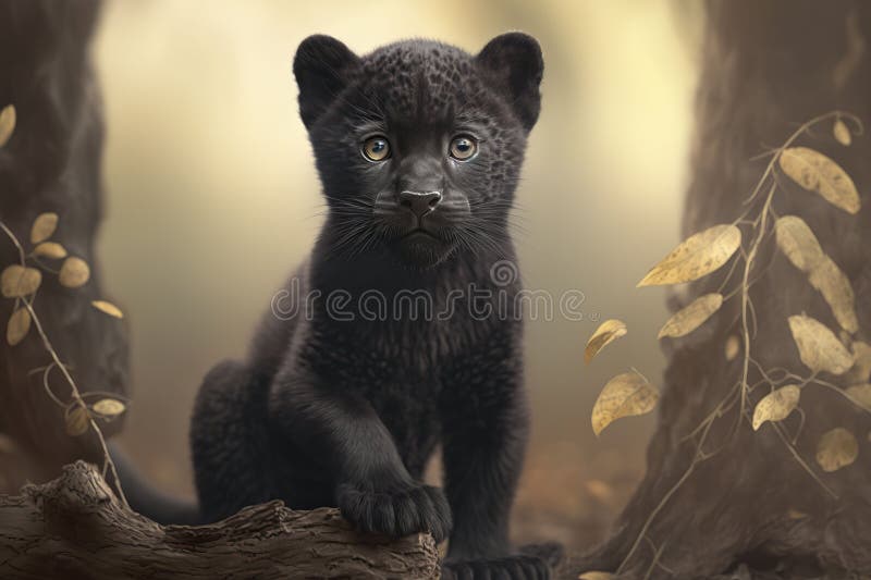 Cute Little Black Panther Cub. Generative Ai Stock Illustration ...