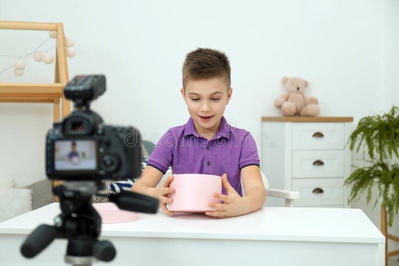 Cute Little Blogger with Box Recording Video Stock Photo - Image of ...
