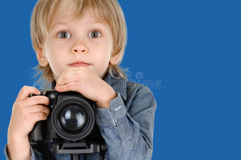 Little boy with camera stock image. Image of male, happy - 213693707
