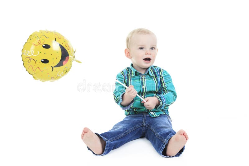 Cute Little Boy with Balloons Isolated on White Stock Image - Image of ...