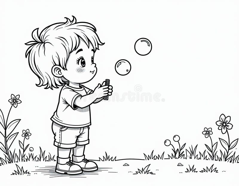 Cute Little Boy Blowing Bubbles Coloring Page Illustration Stock ...