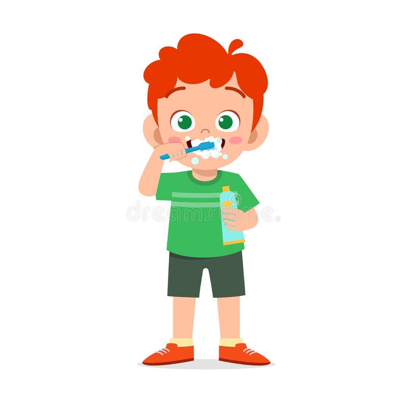 Cute Little Boy Brushing Teeth and Holding Toothpaste Stock Vector ...