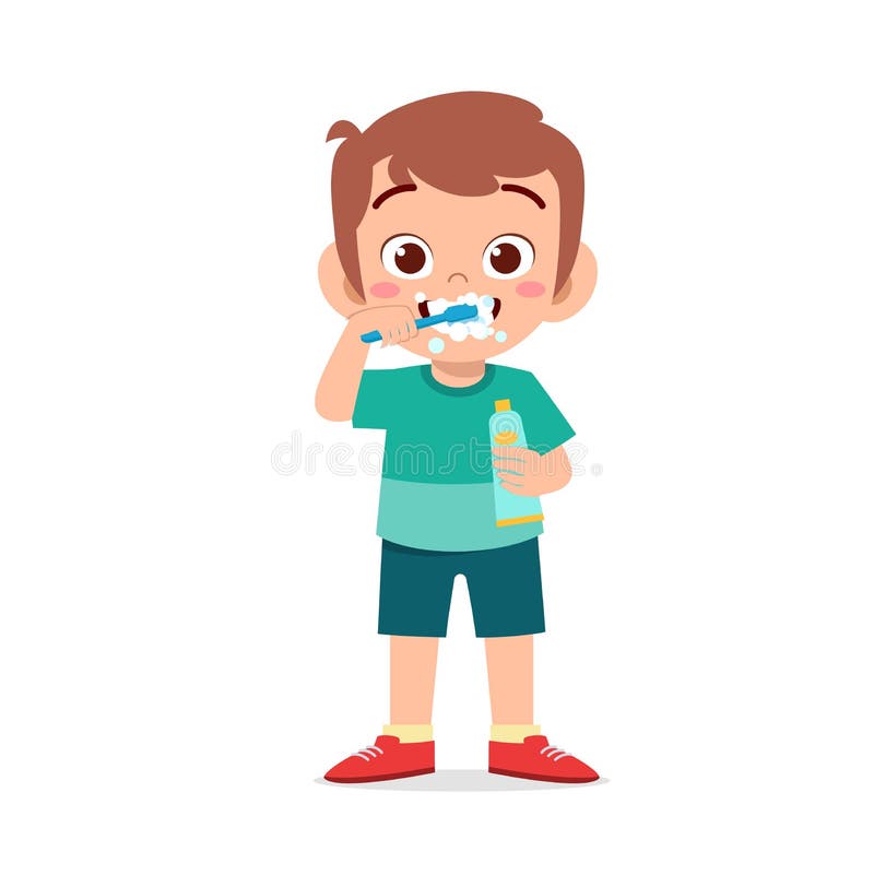 Cute Little Boy Brushing Teeth and Holding Toothpaste Stock Vector ...