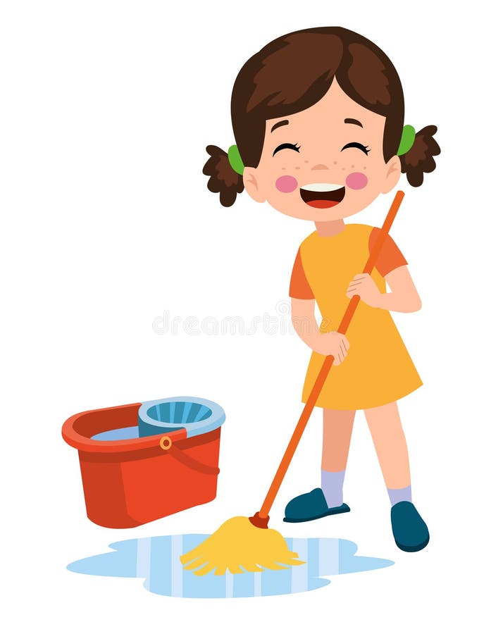 Cute Little Boy Cleaning with Mop Stock Illustration - Illustration of ...