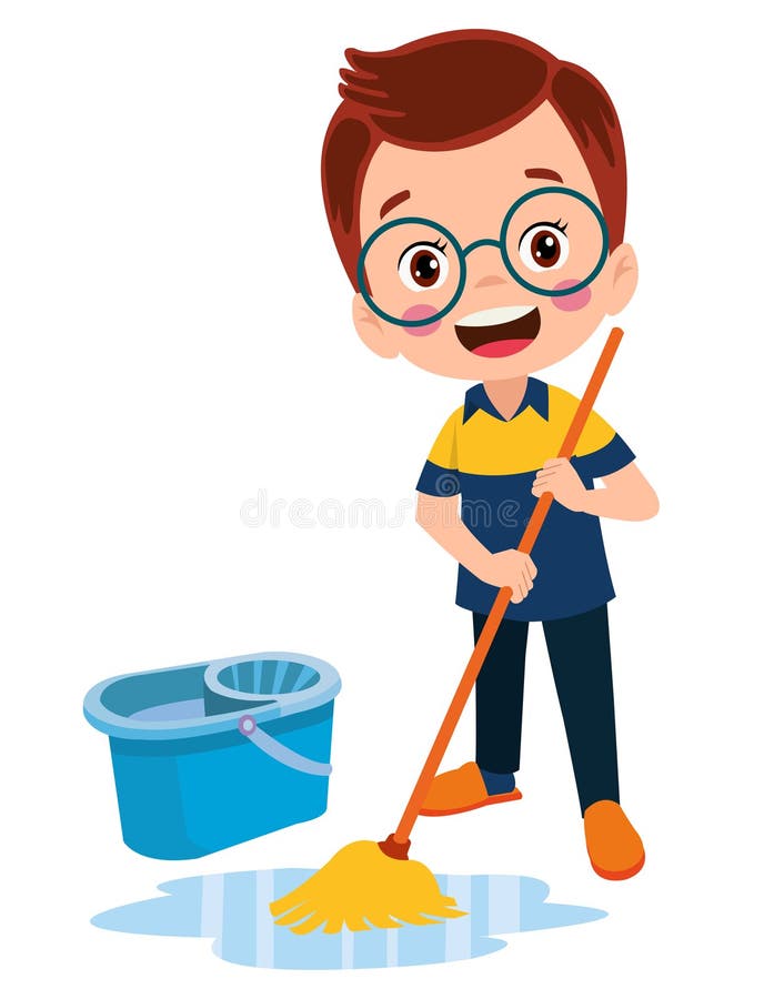 Cute Little Boy Cleaning with Mop Stock Illustration - Illustration of ...