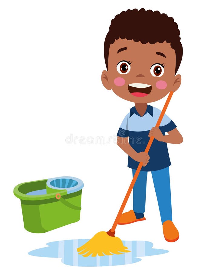 Cute Little Boy Cleaning with Mop Stock Illustration - Illustration of ...