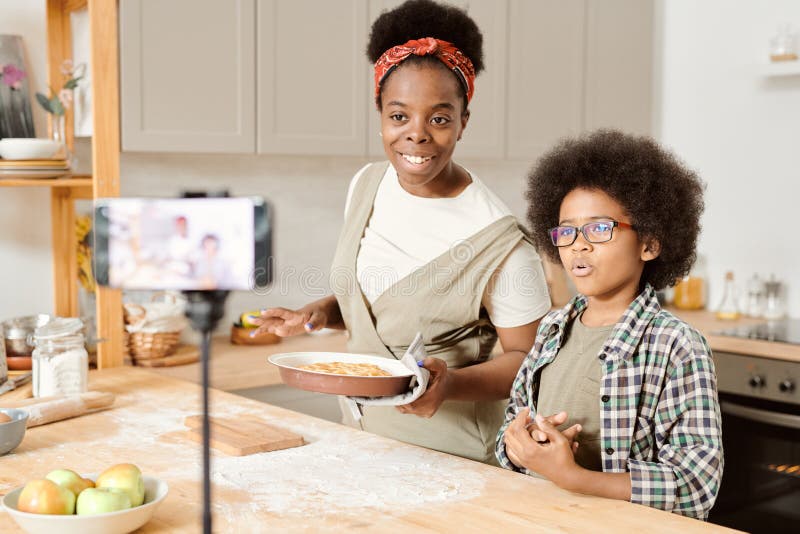 Cute Little Boy Commenting Process of Cooking Apple Pie Stock Image ...