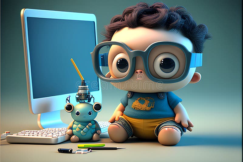 Cute Little Boy with Computer and Mouse. 3D Rendering Stock ...