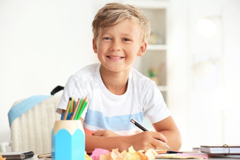 Cute Little Boy Doing His Lessons at Home Stock Photo - Image of kids ...