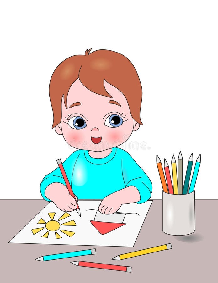 Cute Little Boy Drawing , Coloring Page Stock Illustration ...