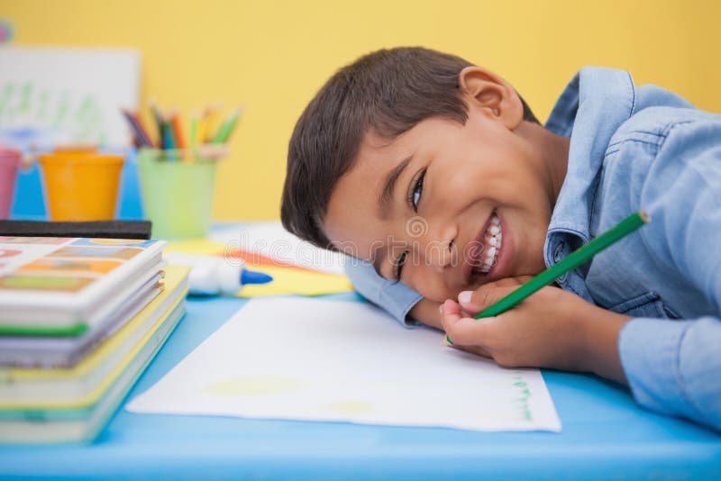 Cute Little Boy Drawing at Desk Stock Image - Image of indoors ...
