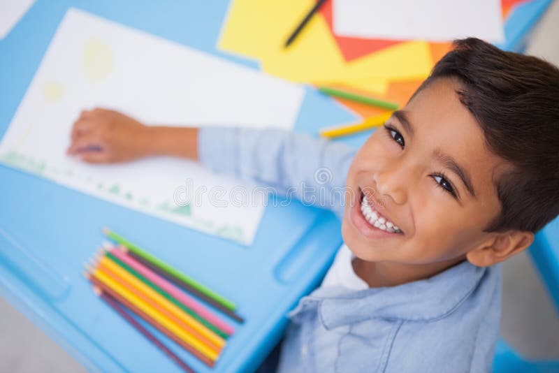 Cute Little Boy Drawing at Desk Stock Image - Image of school ...