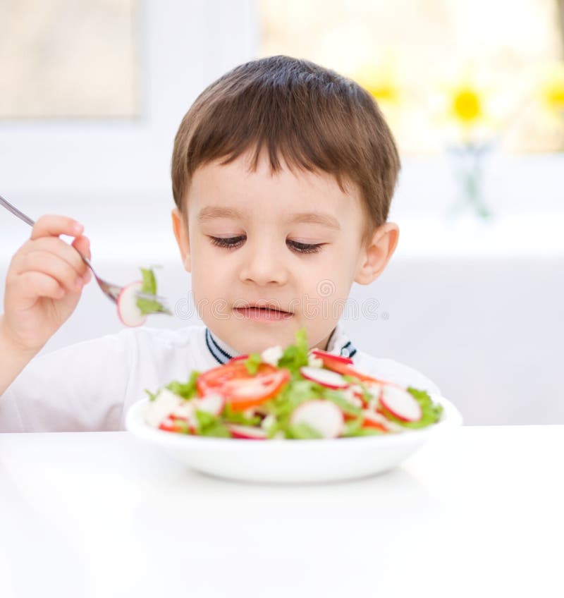 Cute Little Boy is Eating Vegetable Salad Stock Image - Image of diet ...