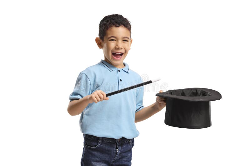Cute Little Boy Holding a Top Hat and a Magic Wand Stock Image - Image ...