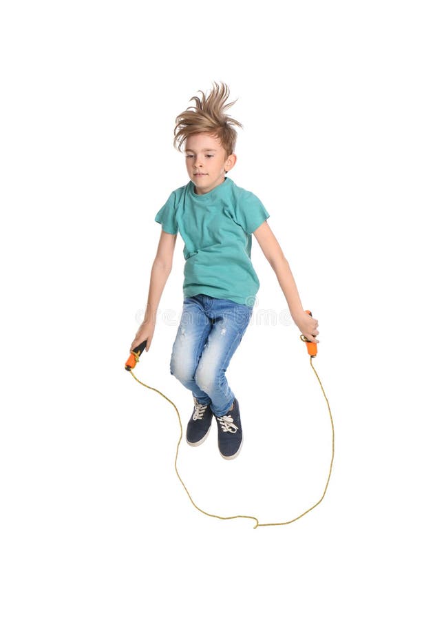 Cute Little Boy with Jump Rope on White Background Stock Image - Image ...
