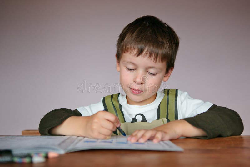Cute Little Boy Learning To Write Stock Image - Image of focus, home ...