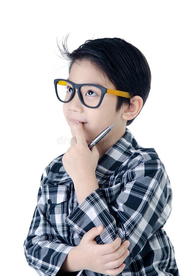 Child Thinking while Writing Stock Image - Image of contemplating, race ...