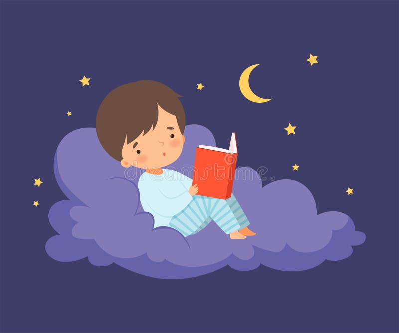 Cute Little Boy Lying on a Cloud at Night Sky and Reading a Book Vector ...