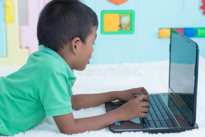 Cute Little Boy Play Computer Stock Photo - Image of computer ...