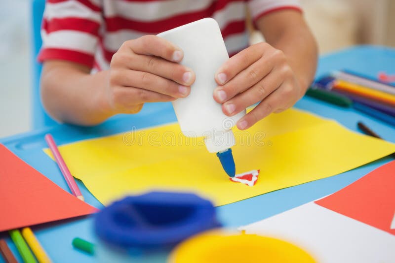 Cute Little Boy Making Art in Classroom Stock Image - Image of glue ...