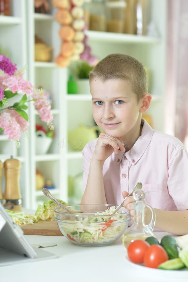 Cute Little Boy Making Dinner Stock Image - Image of restaurant ...