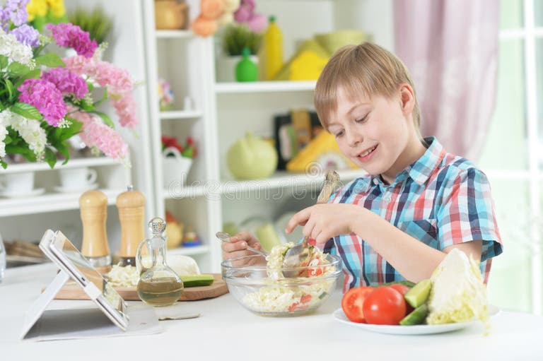 Portrait of Cute Little Boy Making Dinner Stock Photo - Image of chef ...