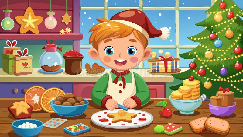 Cute Little Boy Making Gingerbread Cookies in Christmas Decorated ...