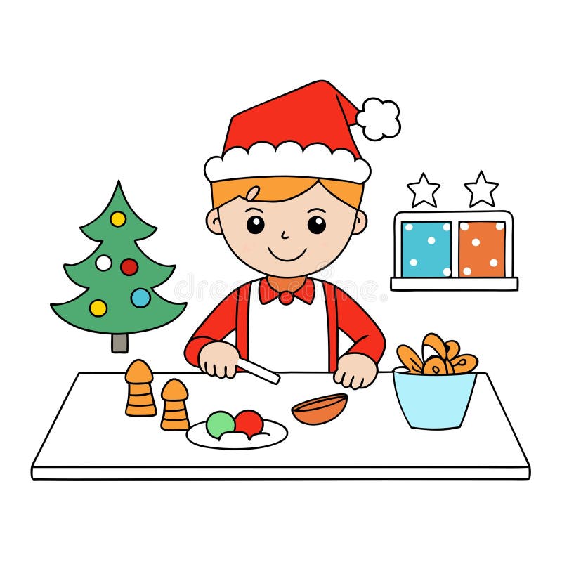 Cute Little Boy Making Gingerbread Cookies in Christmas Decorated ...
