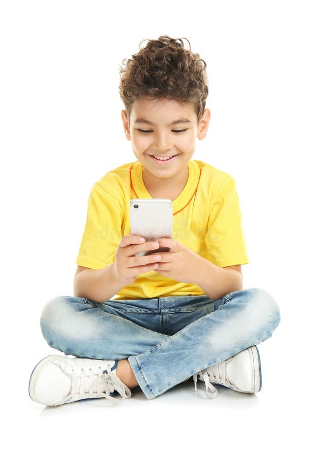 Cute Little Boy with Mobile Phone on White Background Stock Photo ...