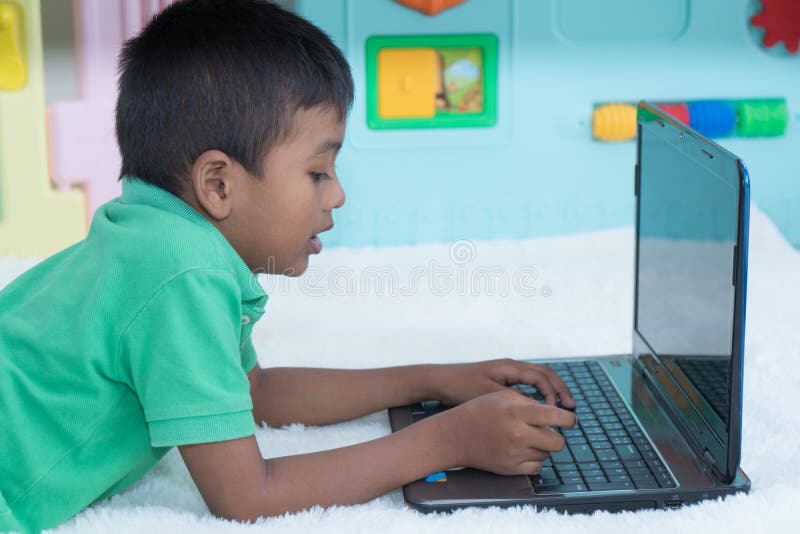 Cute Little Boy Play Computer Stock Photo - Image of child ...