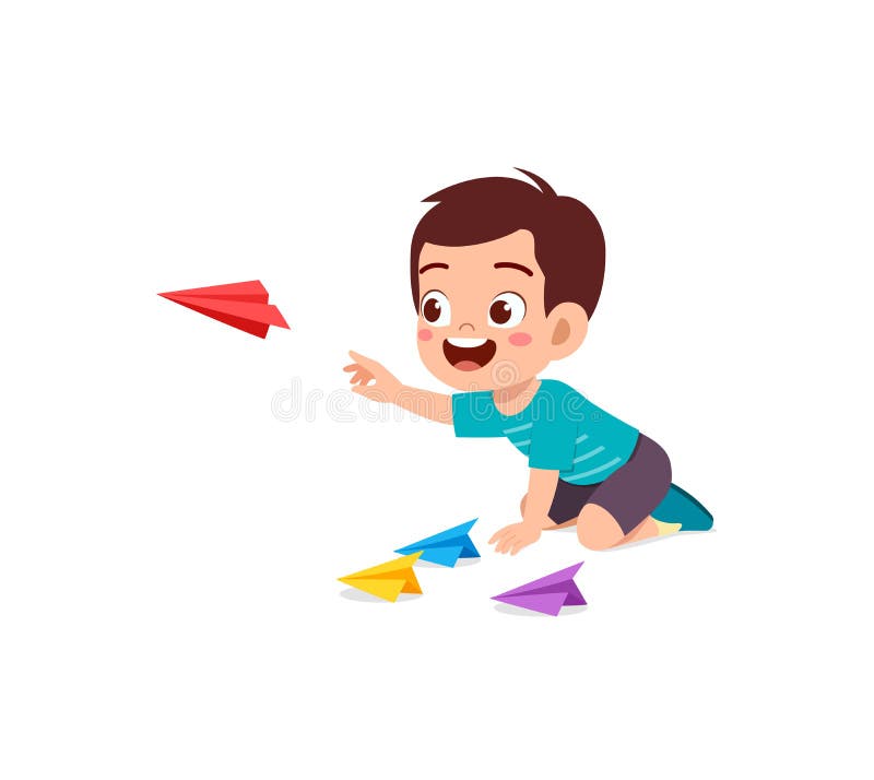 Cute Little Boy Play Paper Plane and Feel Happy Stock Vector ...