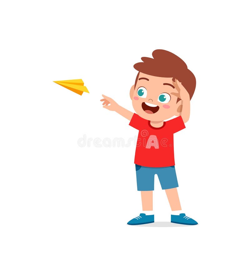 Cute Little Boy Play Paper Plane and Feel Happy Stock Vector ...