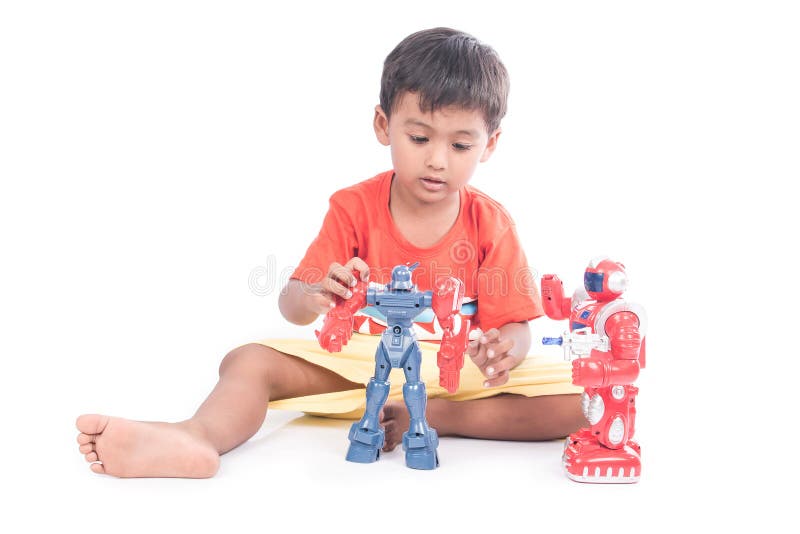 Cute Little Boy Play Robot Fighting Stock Photo - Image of studio ...