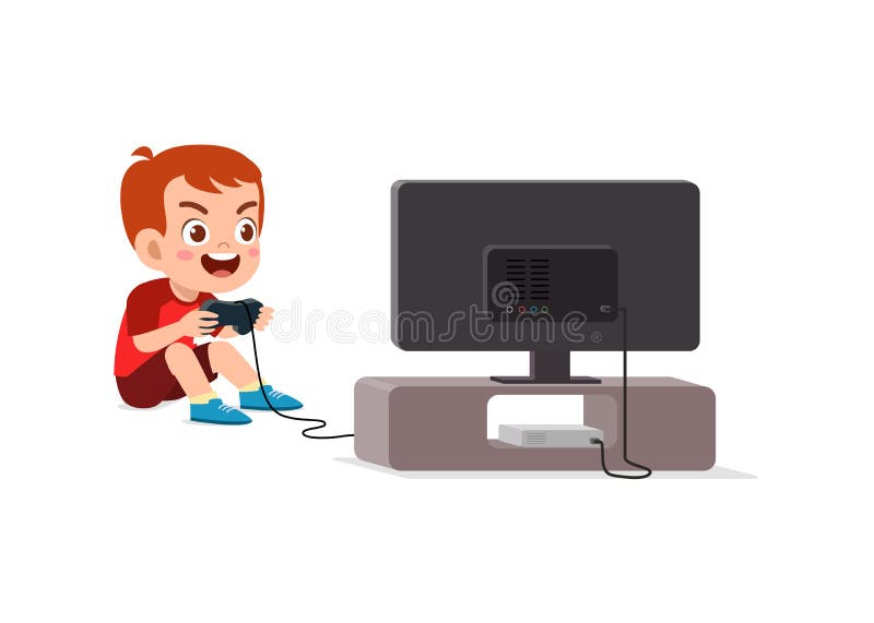 Cute Little Boy Play Video Game on Big Screen Stock Vector ...