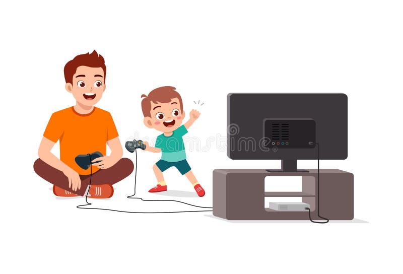 Cute Little Boy Play Video Game on Big Screen Stock Vector ...