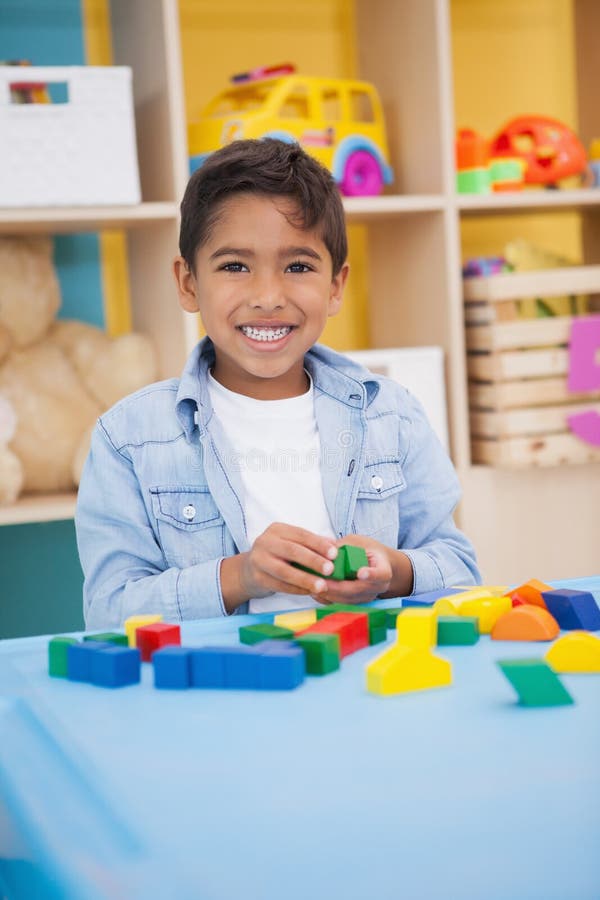 Cute Little Boy Playing with Building Blocks Stock Image - Image of ...