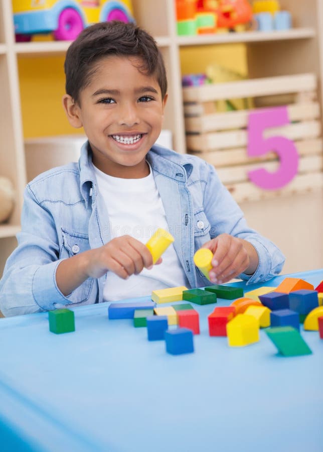 Cute Little Boy Playing with Building Blocks Stock Image - Image of ...