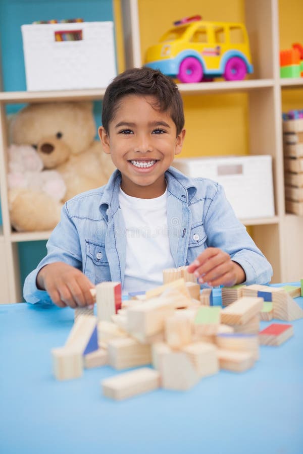 Cute Little Boy Playing with Building Blocks Stock Image - Image of ...