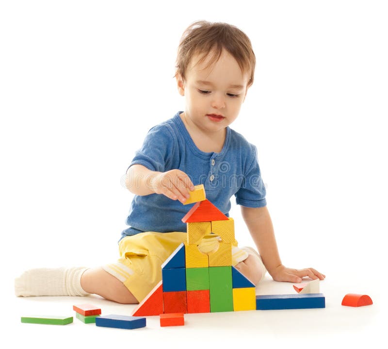 Cute Little Boy Is Playing With Colorful Blocks Stock Image - Image of ...