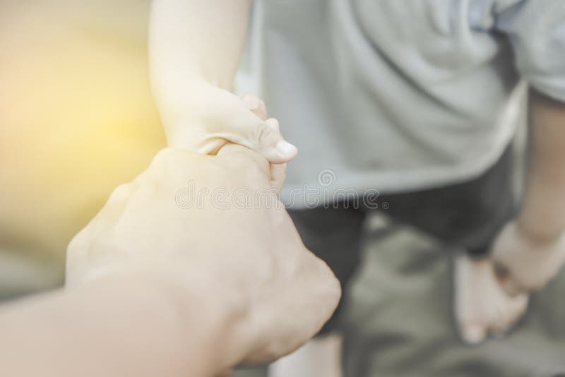 Cute Little Boy Pulling Dad`s Hand-finger in Hand Stock Image - Image ...