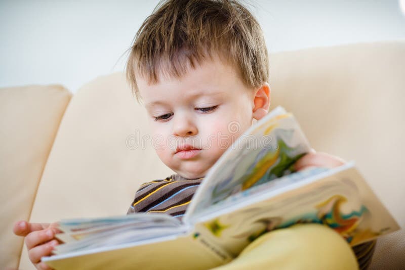 Cute Little Boy Reading Book on Sofa Stock Image - Image of care ...