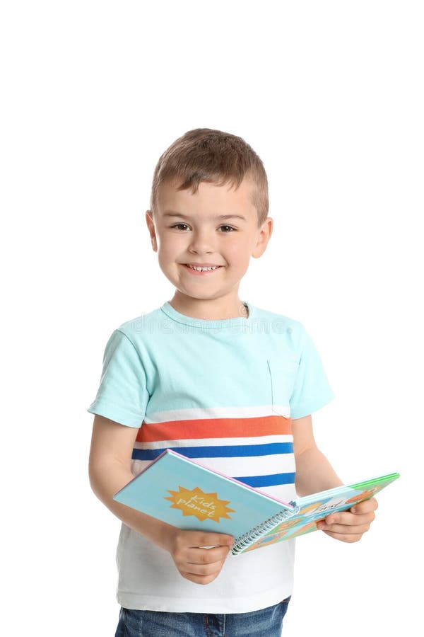 Cute Little Boy Reading Book on White Stock Photo - Image of learn ...