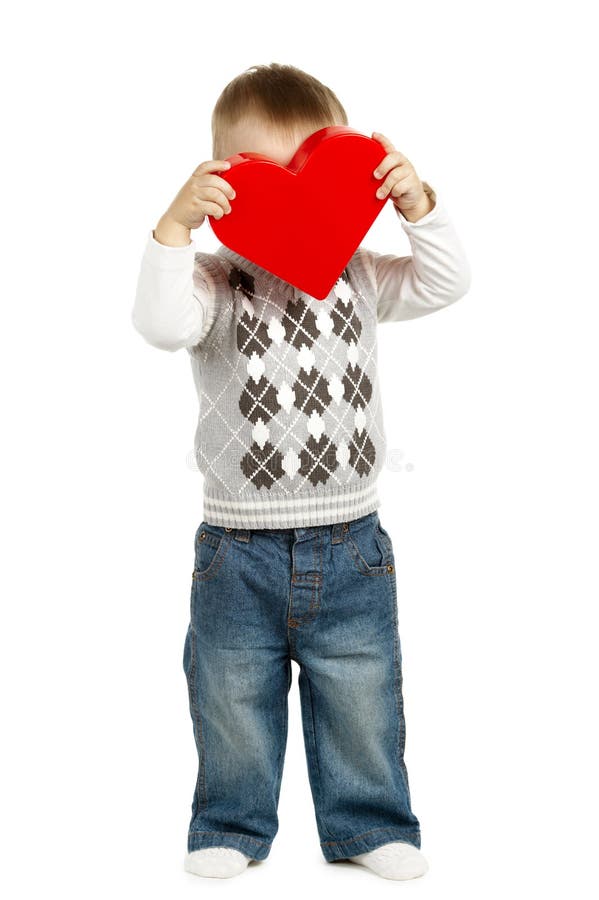 Cute Little Boy with Red Heart Stock Photo - Image of cheerful, hide ...