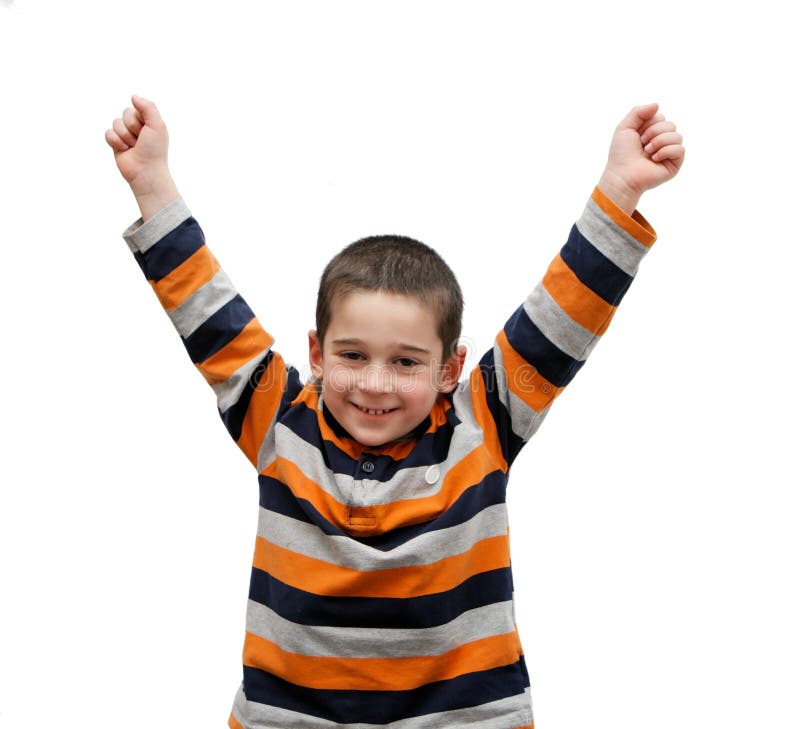 Cute Little Boy Rises His Arms in a V-sign Stock Photo - Image of merry ...