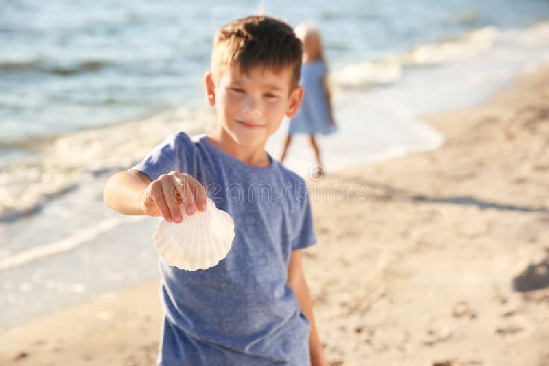 Cute Little Boy with Sea Shell on Beach Stock Image - Image of nature ...