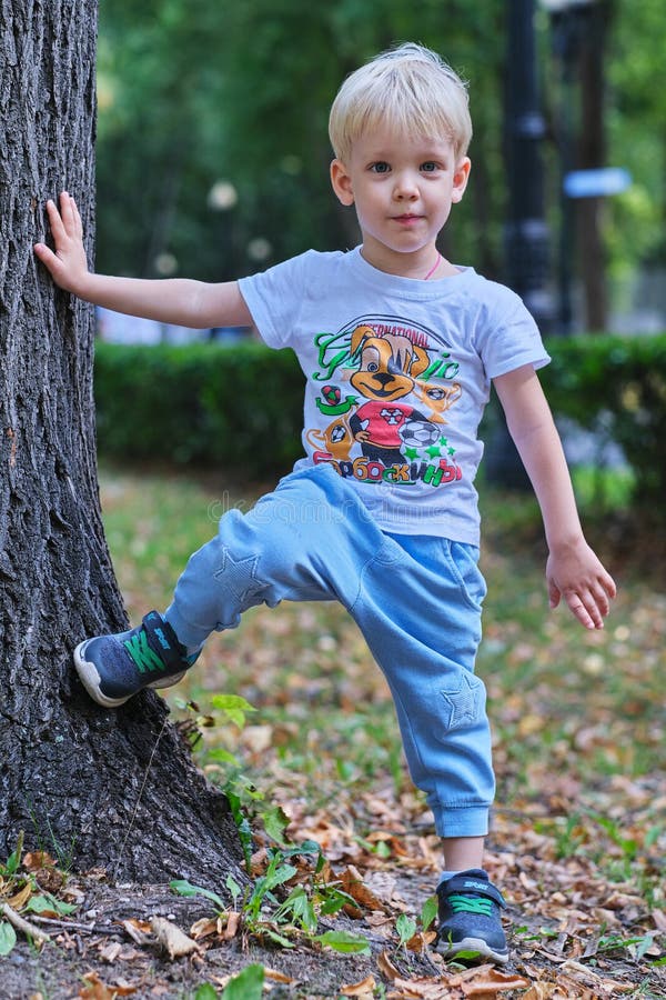 A Cute Little Cute Boy Standing Near the Tree Stock Image - Image of ...