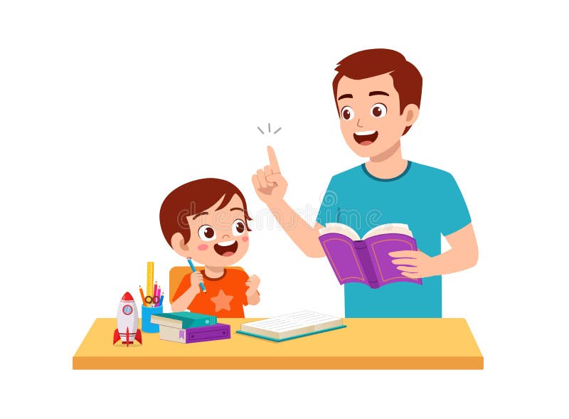Cute Little Boy Study with Father at Home Together Stock Vector ...